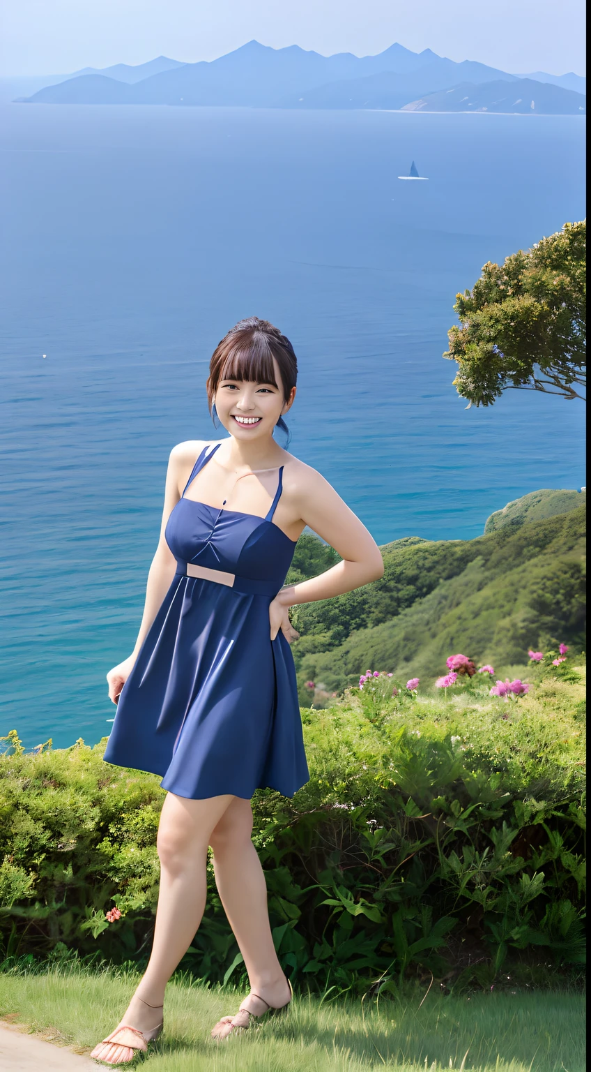 Arafed woman in a blue dress standing on a hill overlooking the ocean - SeaArt AI