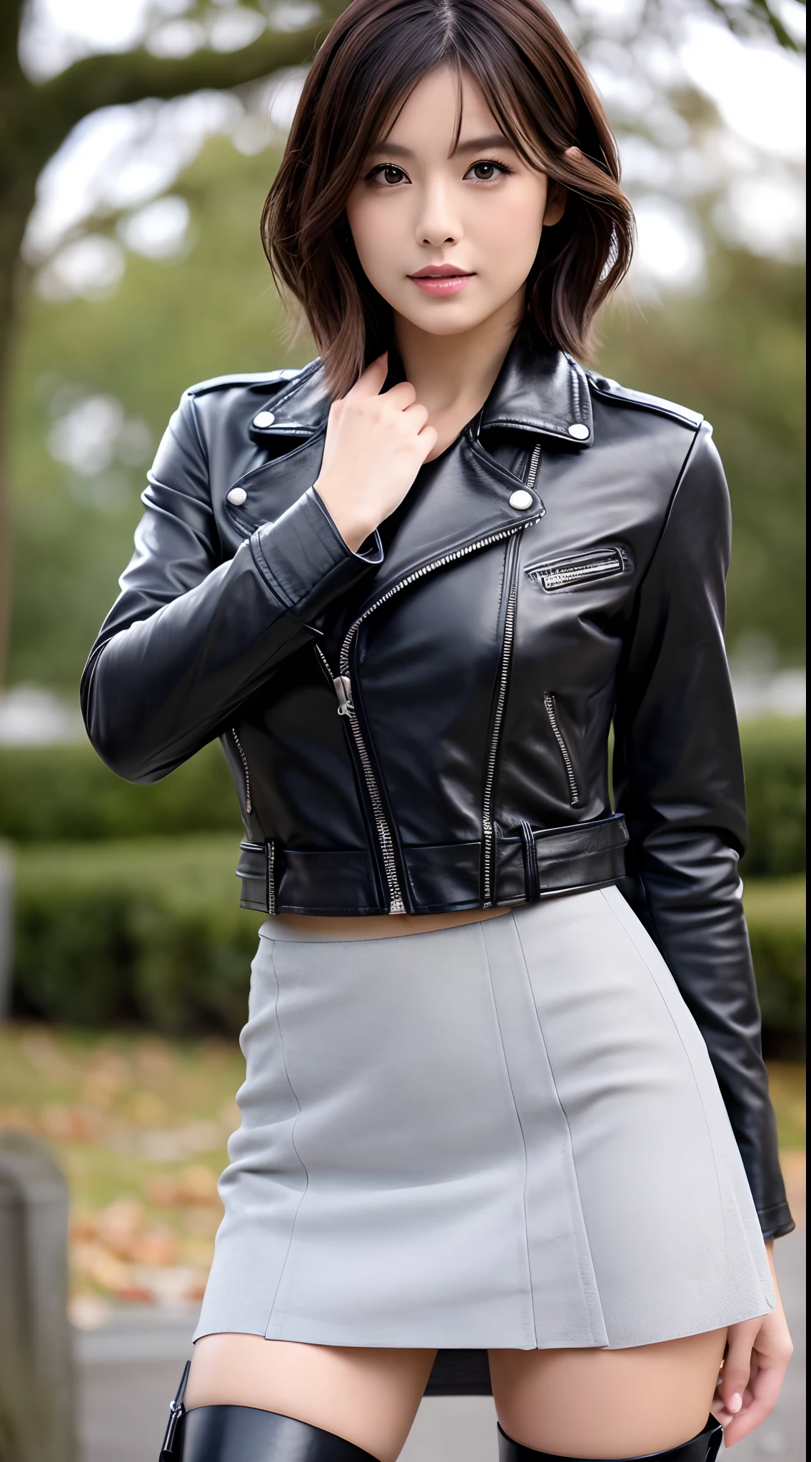 Arafed asian woman in a black leather jacket and grey skirt - SeaArt AI