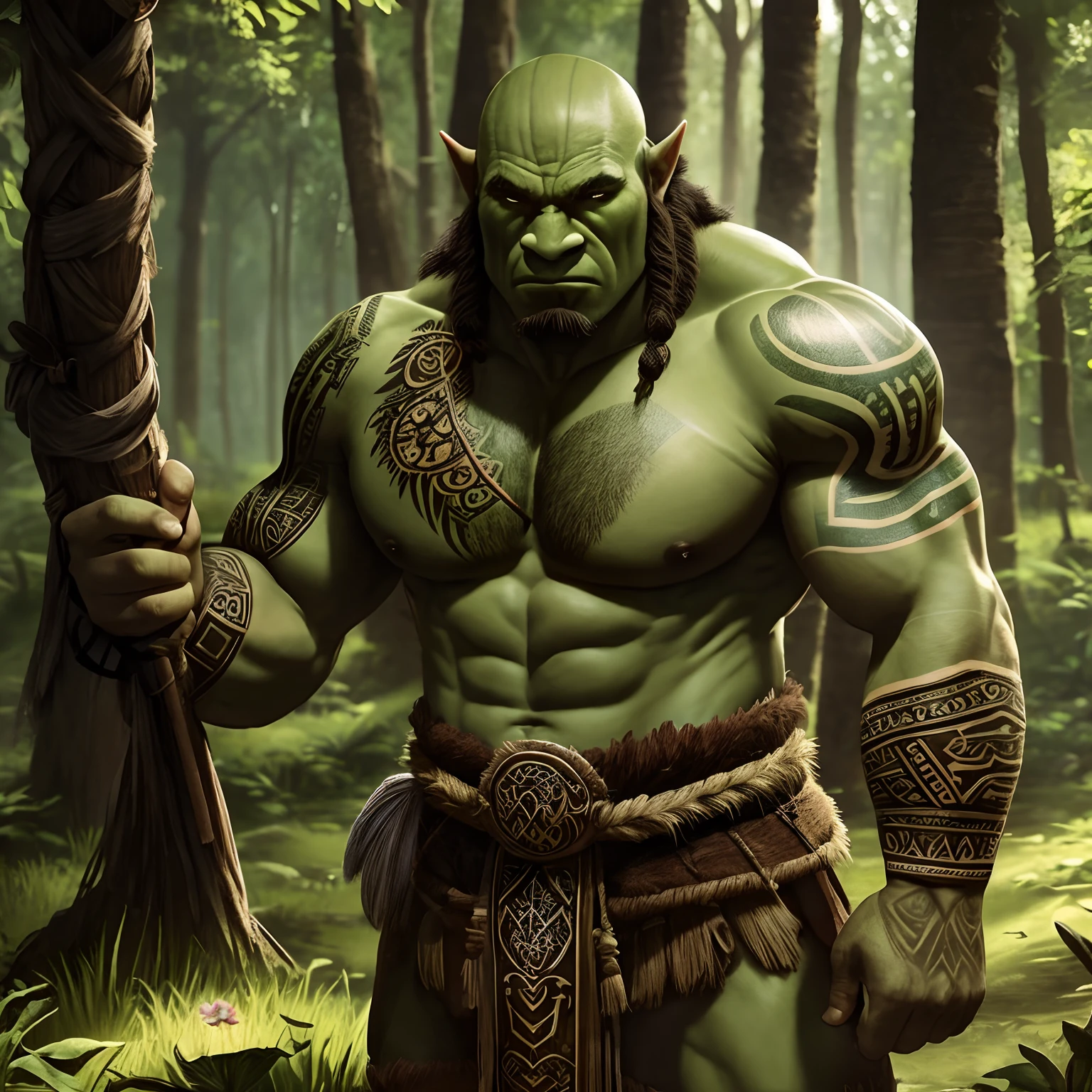 Obra prima melhor qualidade, Orc macho Warrior tribal, com tatuagens tribais em uma floresta, On ...
