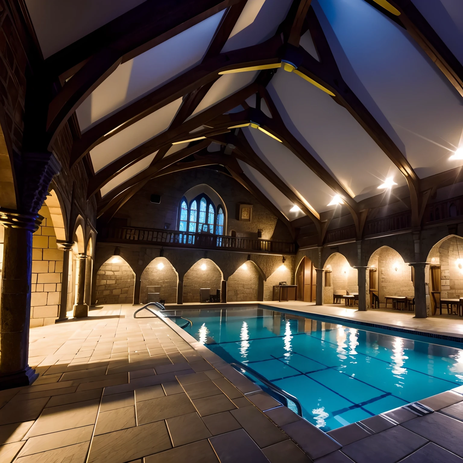 Arafed ceiling with a vaulted ceiling and a pool in a building - SeaArt AI