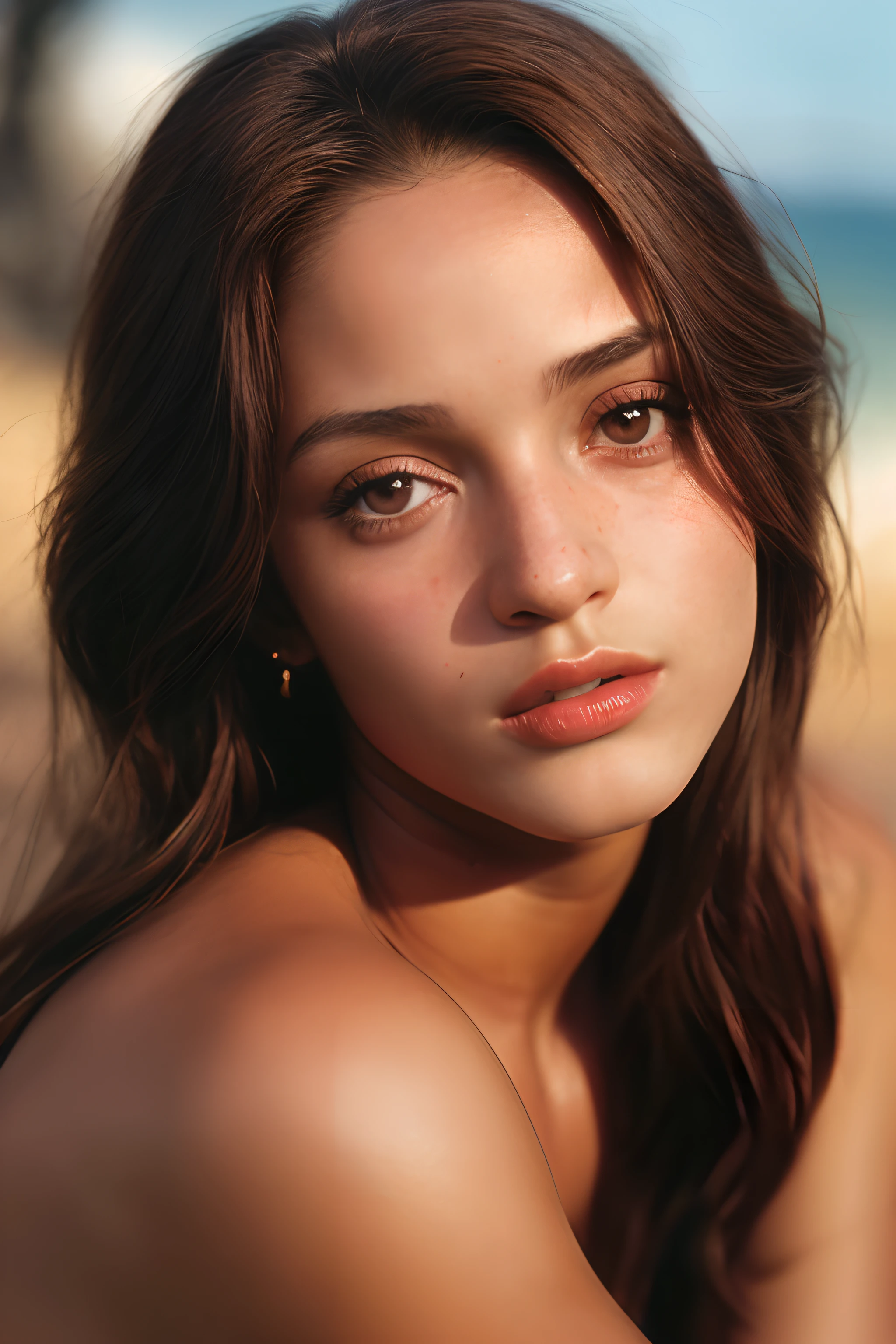 A close up of a woman with long hair and a tan top - SeaArt AI