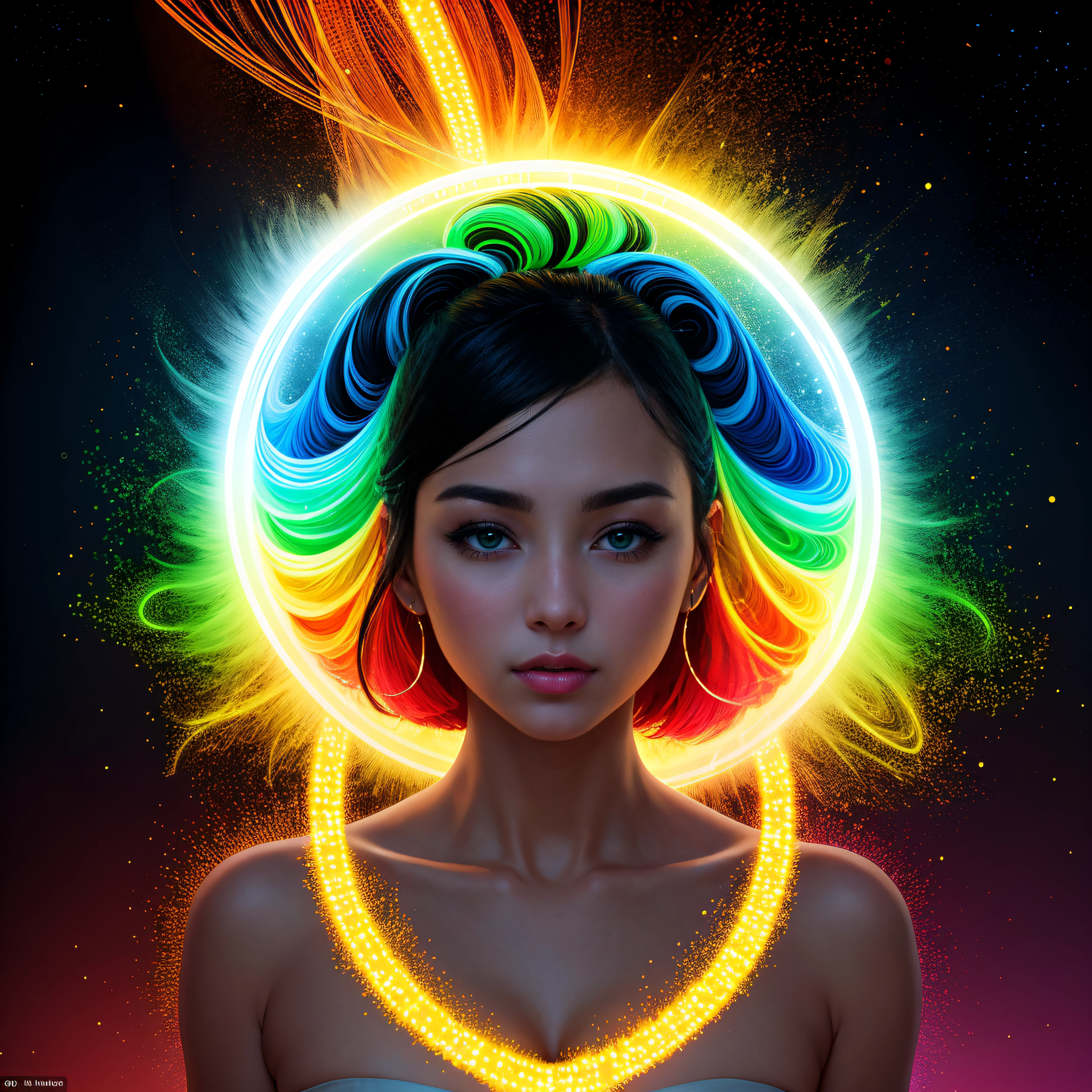 A woman with a rainbow hair and a necklace in her hand - SeaArt AI