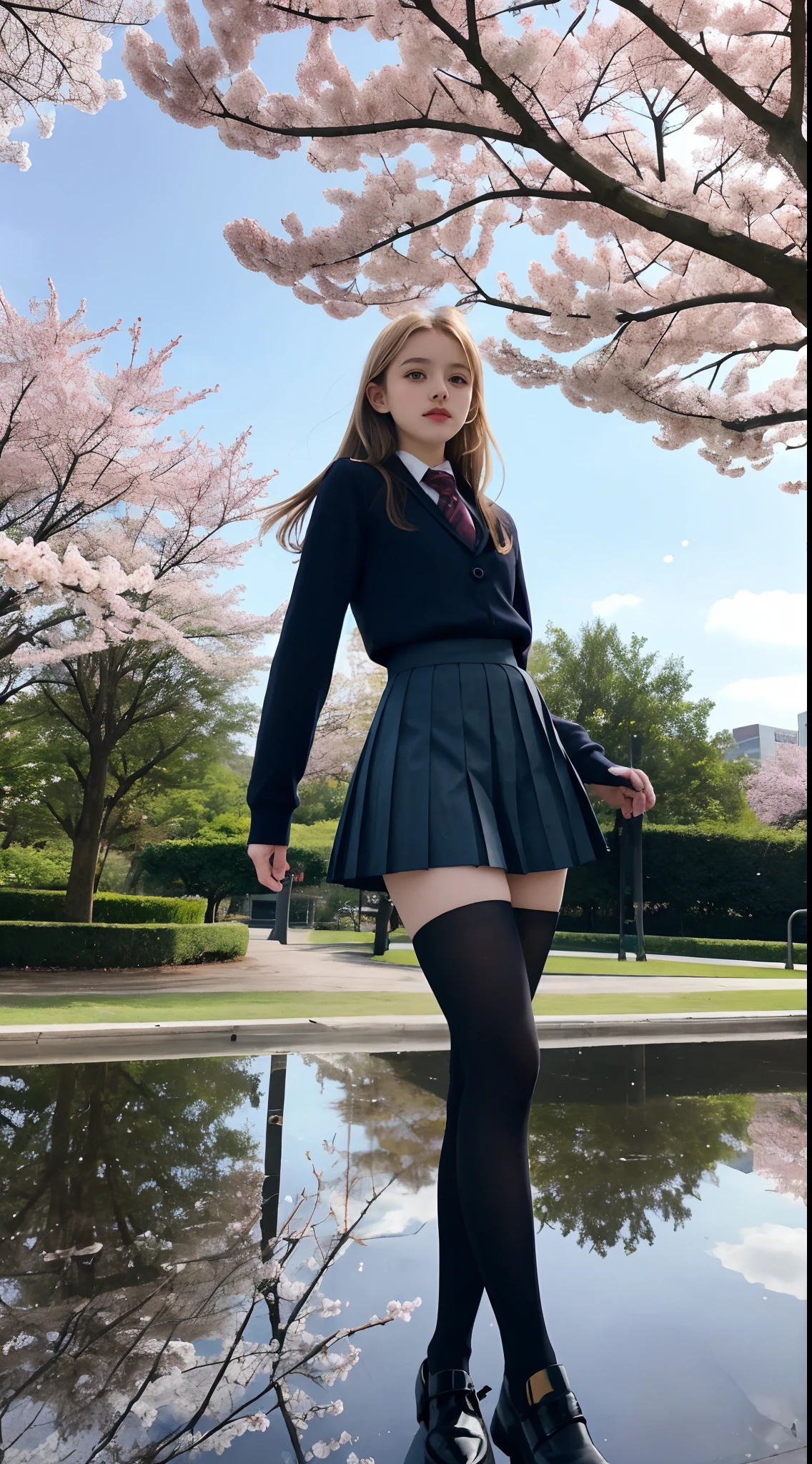 Arafed image of a woman in a school uniform posing in front of a pond - SeaArt AI