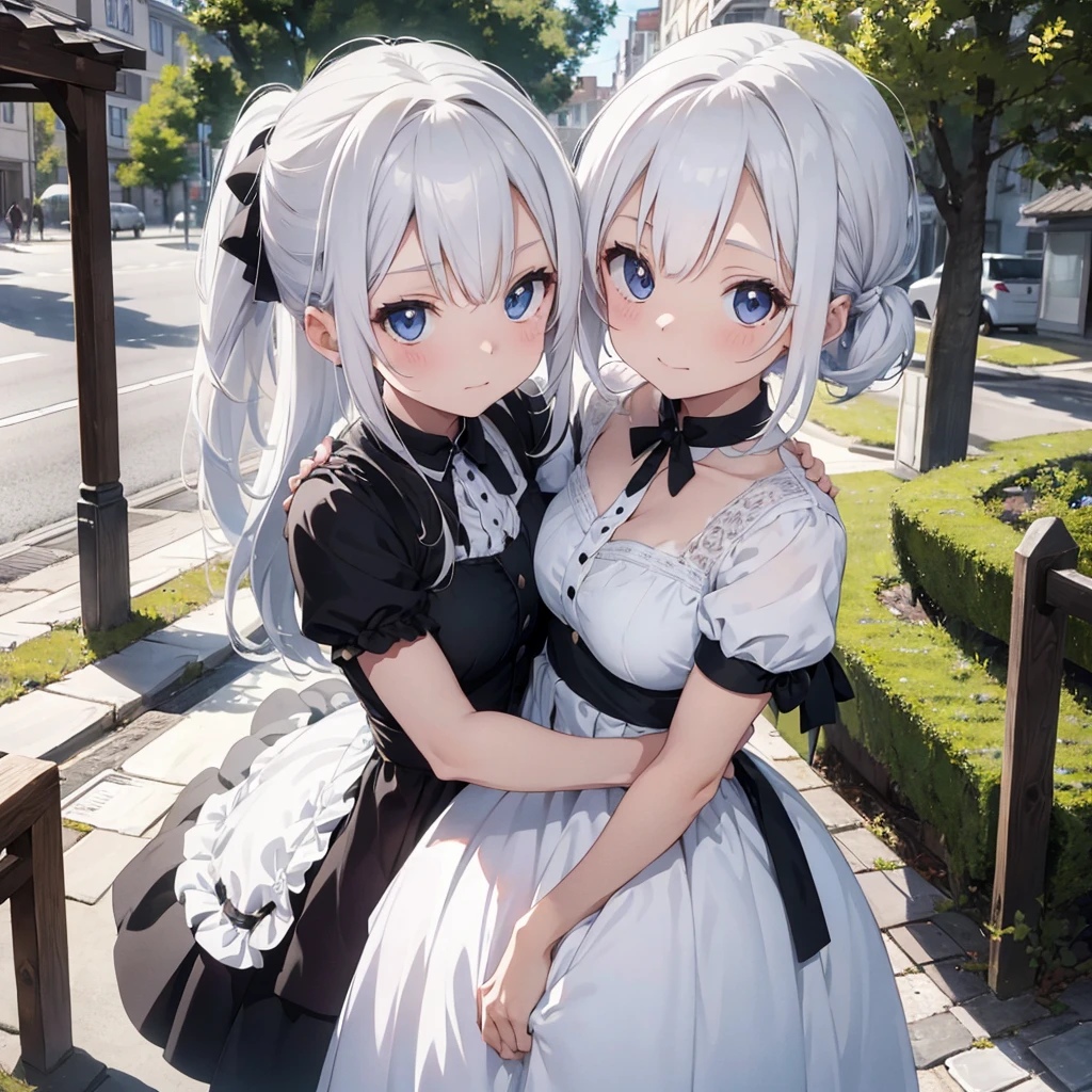 Der Hintergrund ist eine Stadt, perfect white haired girl, Loli im Kleid, white-haired, white ...