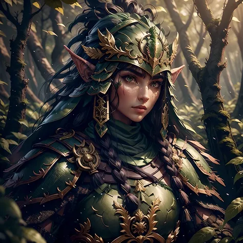 beautiful forest elf, pretty face, nice body, black hair, wearing armor - SeaArt AI