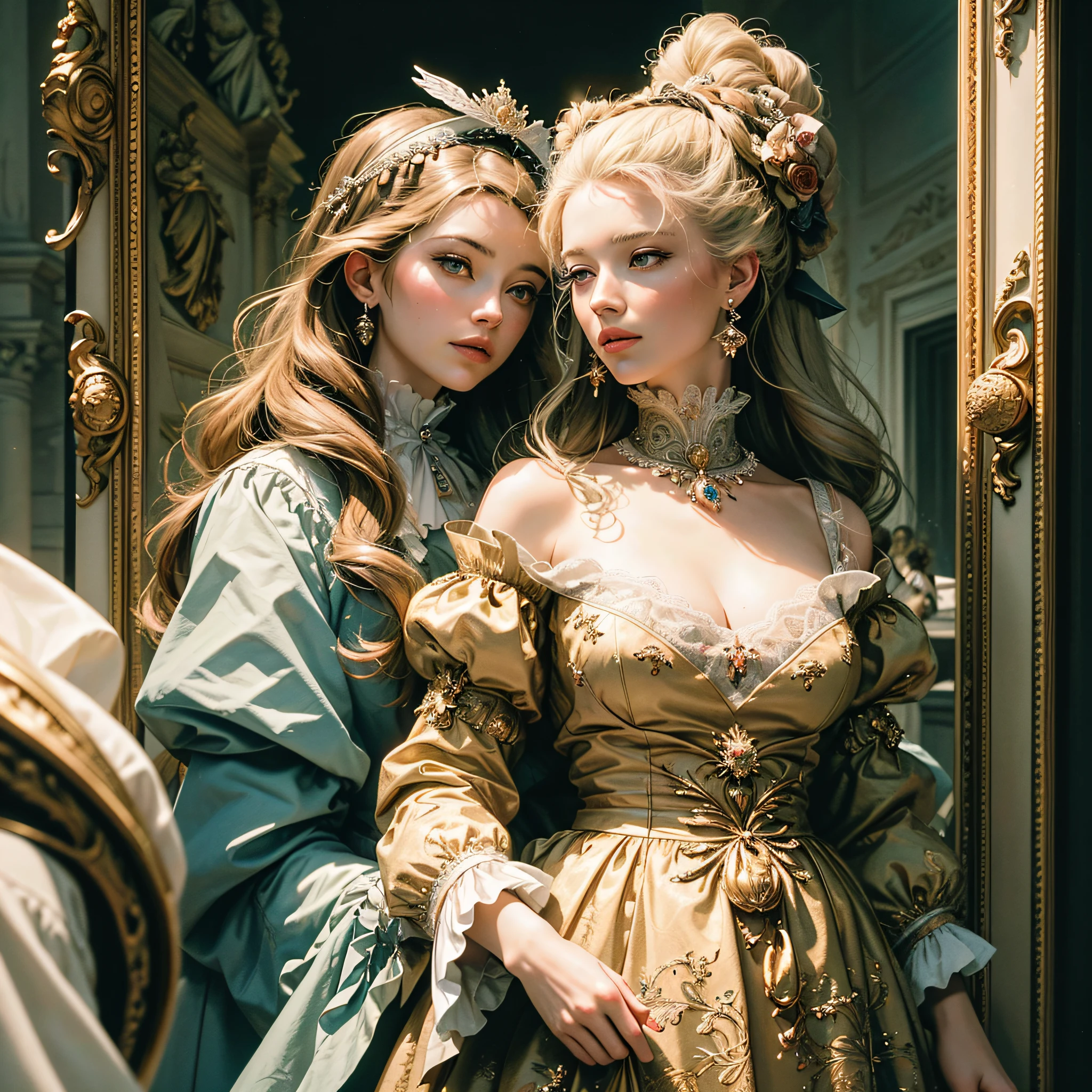 Two women in period dress standing in front of a mirror - SeaArt AI