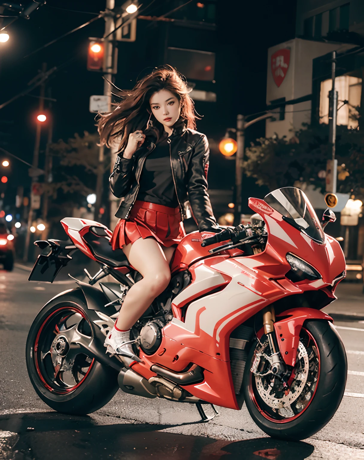 Araffe girl in red shorts sitting on a red motorcycle - SeaArt AI