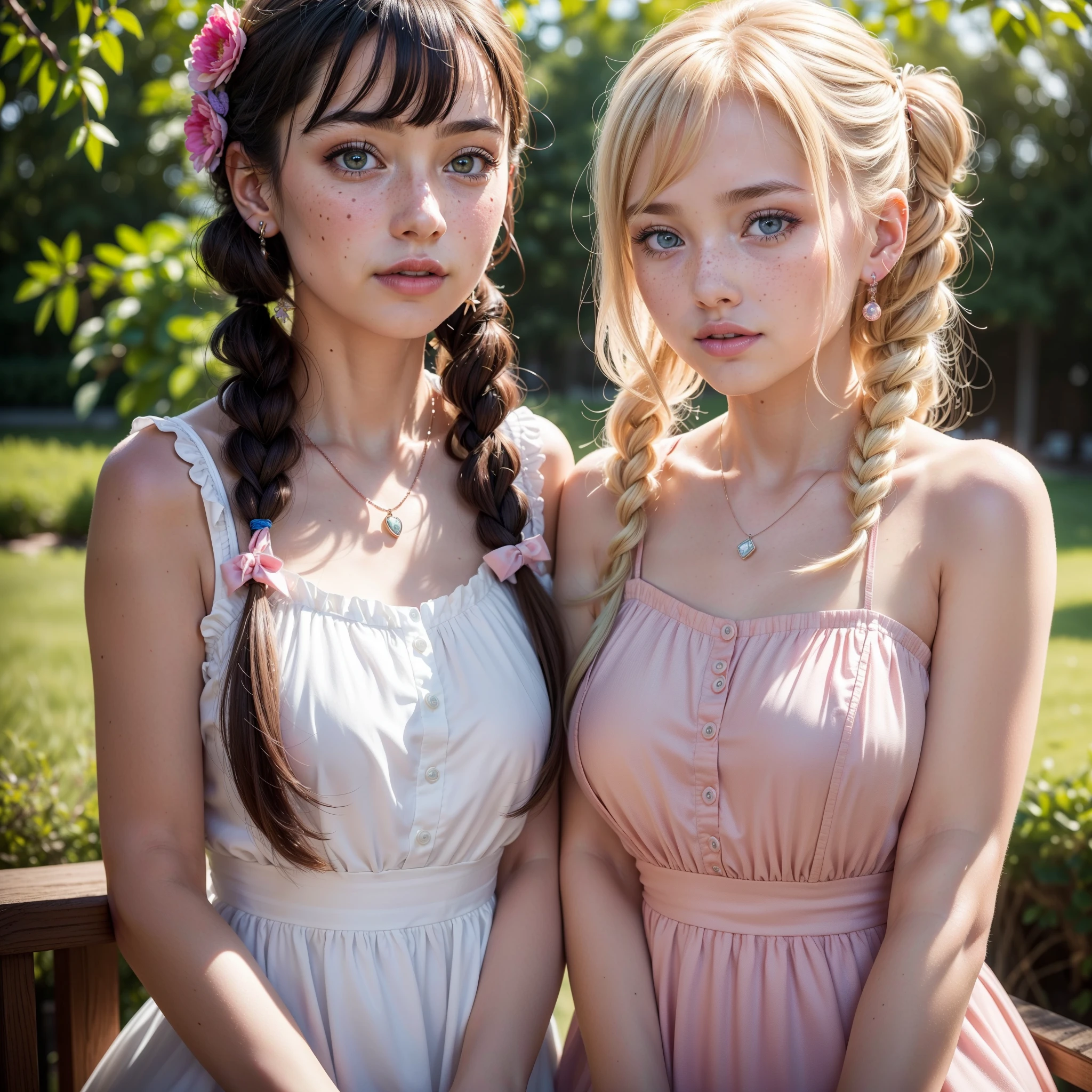 Two young women in dresses are posing for a picture - SeaArt AI