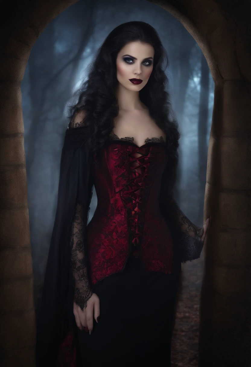 A woman in a red corset and black dress standing in a dark room - SeaArt AI