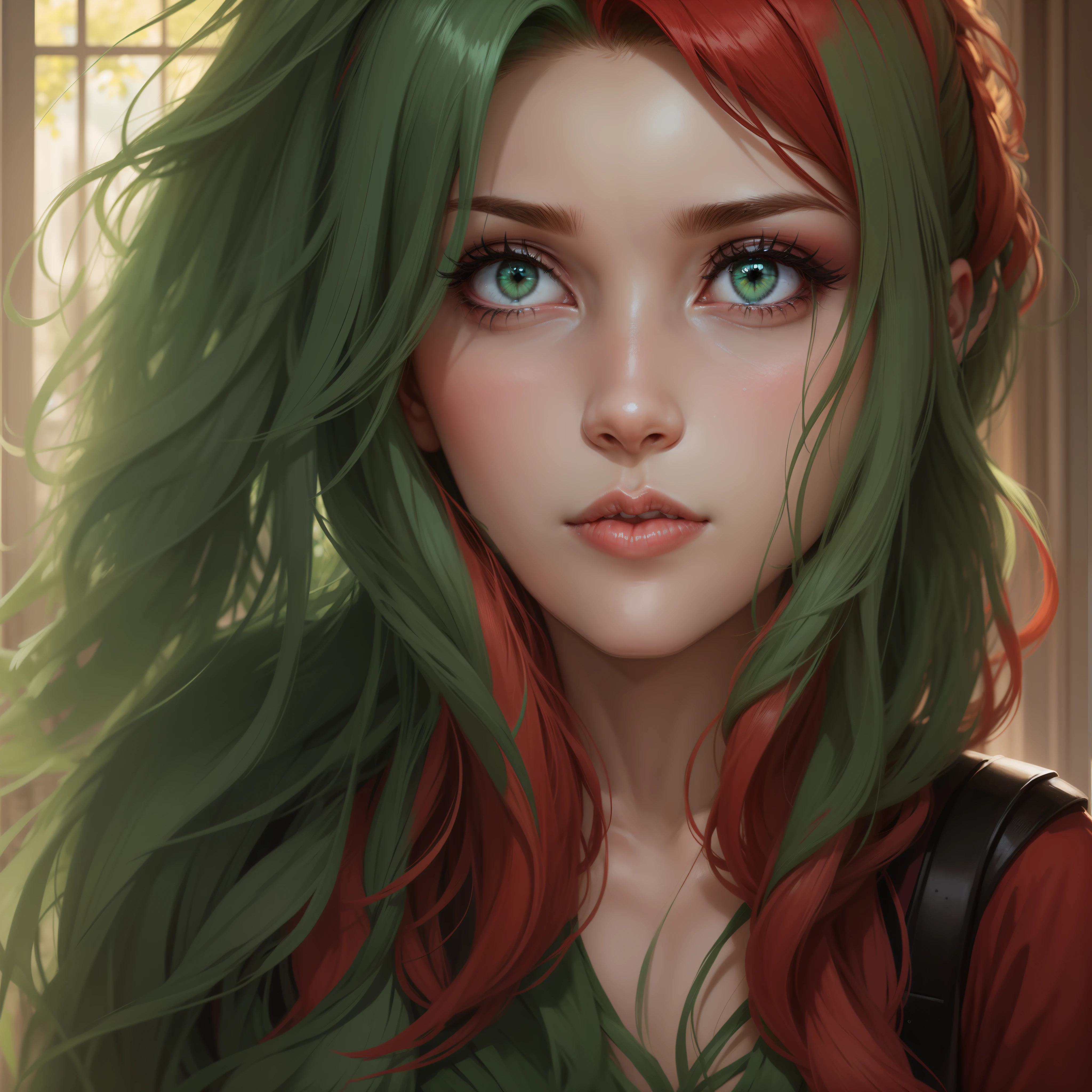 A close up of a woman with red and green hair - SeaArt AI