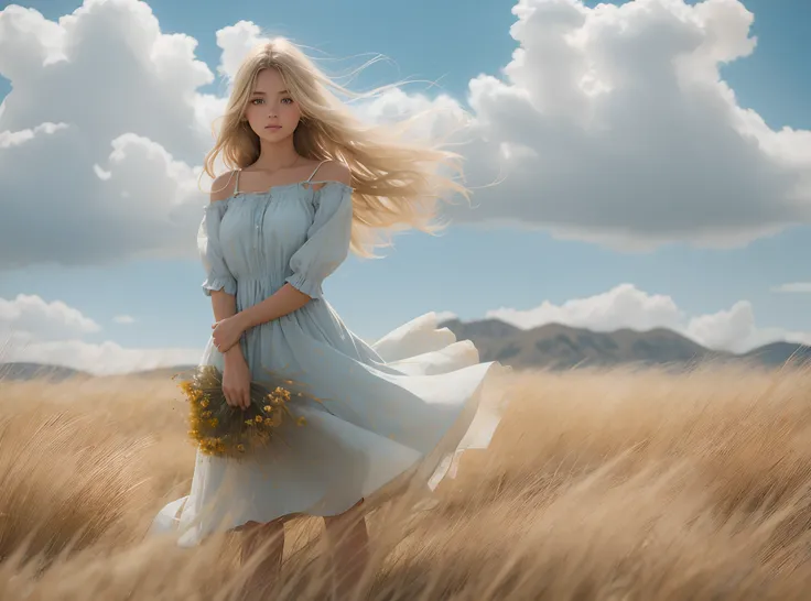 An insanely beautiful blonde young woman, is standing with flowers ...