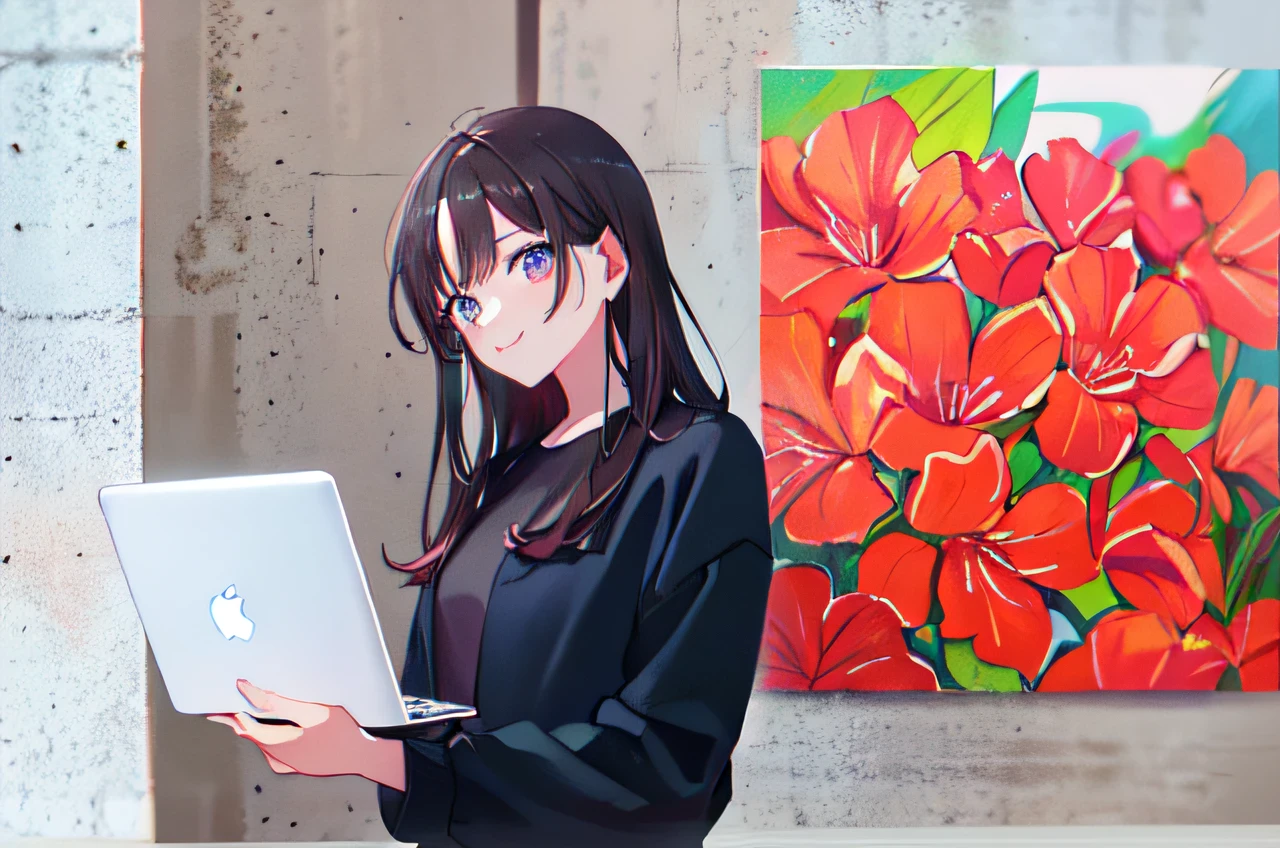 Anime girl holding a laptop in front of a painting of flowers - SeaArt AI
