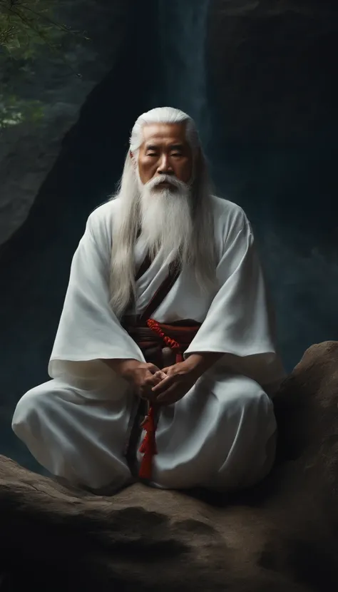 Close-up of a young Chinese Taoist leader sitting on a stone,long whitr hair，lbeard，Meditation ...