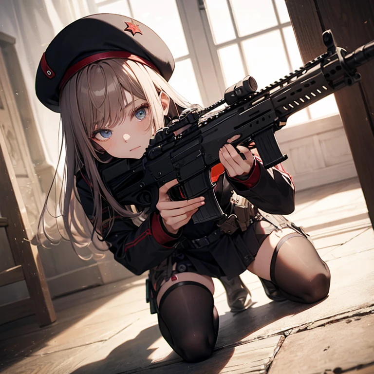 A beauty girl Black beret Hold up a rifle and shoot Sharp eyes Standing ...