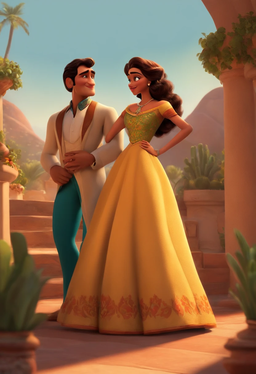 A man and woman dressed in disney princess costumes standing next to each other - SeaArt AI