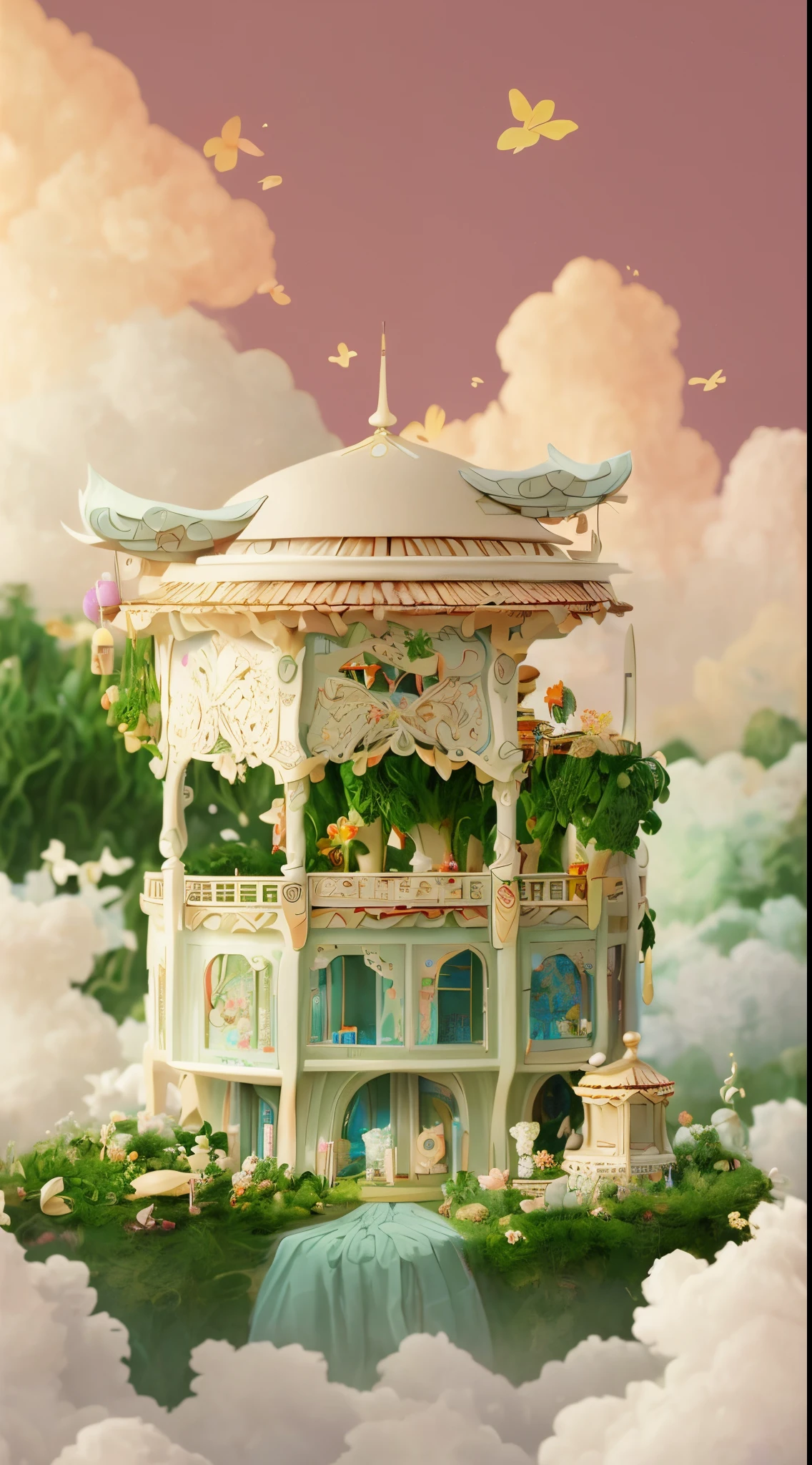 There is a small house in the clouds with a fountain - SeaArt AI
