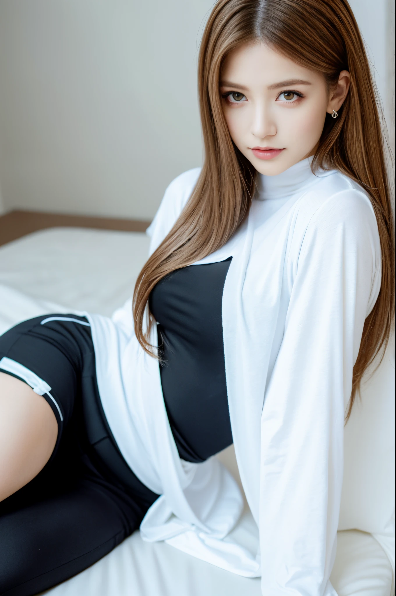 Arafed woman in a white shirt and black shorts laying on a bed - SeaArt AI