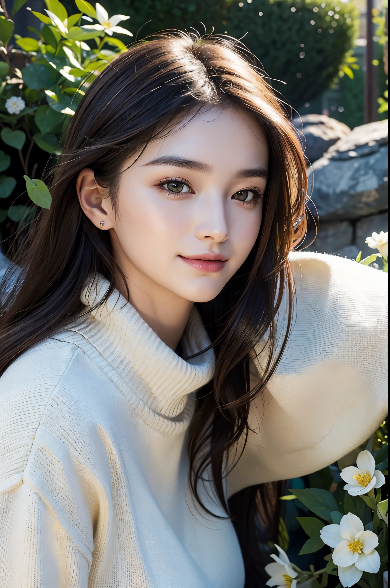 A woman with long hair and a white sweater posing for a picture - SeaArt AI