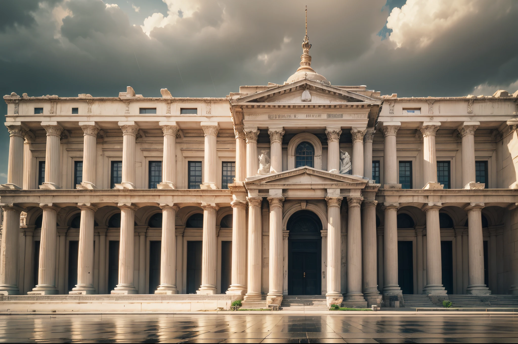 Arafed view of a large building with columns and a clock on top - SeaArt AI