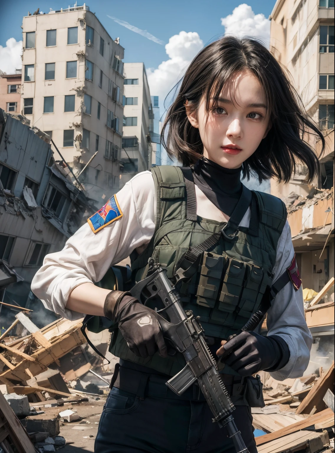 マスターピース，KHD，24K品質，スタジオテクスチャ，映画のようなテクスチャ，フォトレ，都市環境で破壊された建物の前で銃を保持しているアニメの女の子, Guviz スタイルのアートワーク ...