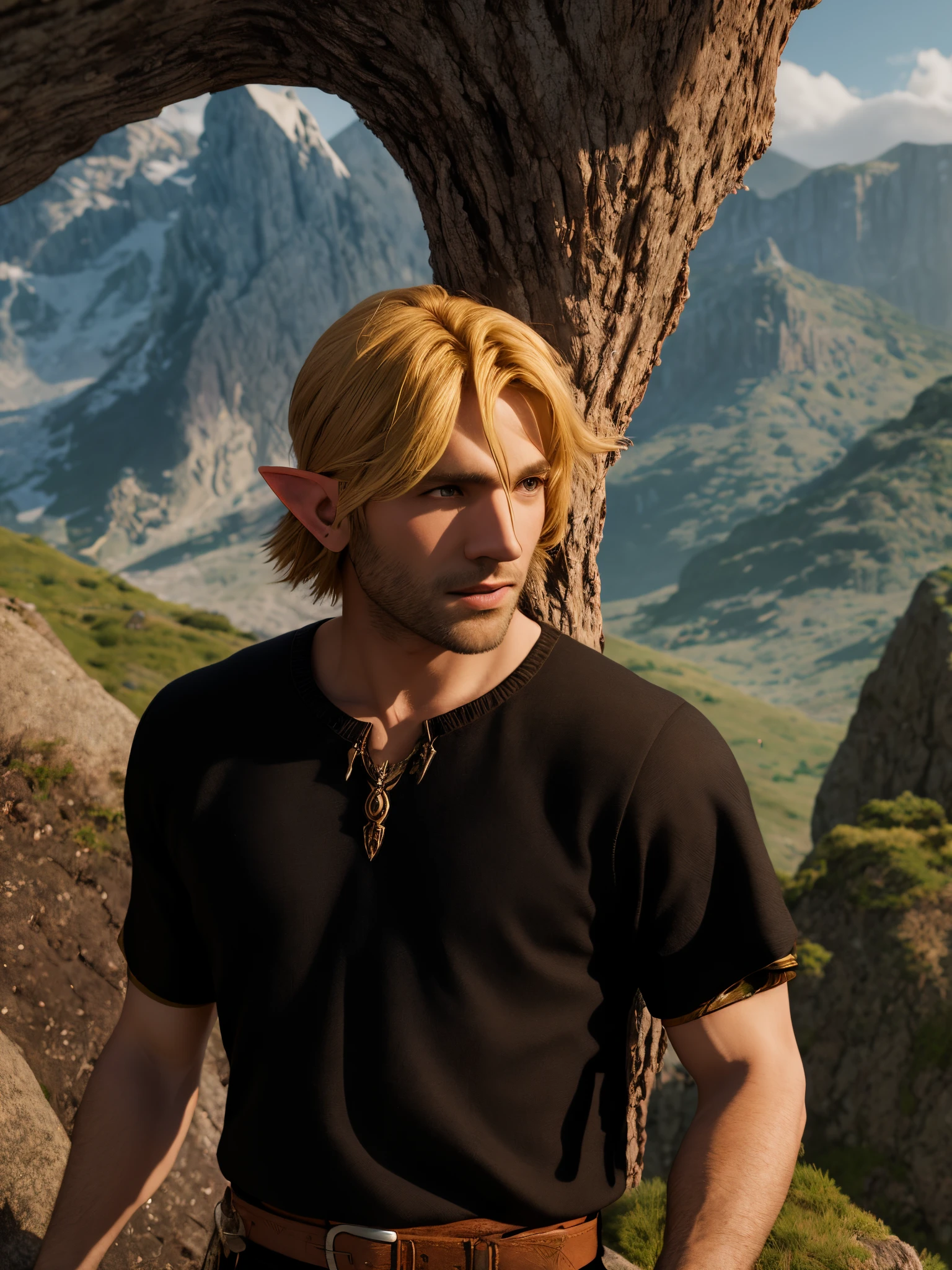 Arafed man with blonde hair and a black shirt standing in front of a tree - SeaArt AI