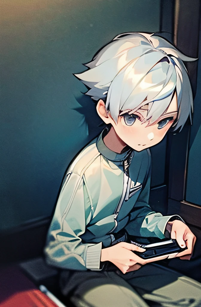 Anime boy sitting on a train holding a cell phone - SeaArt AI