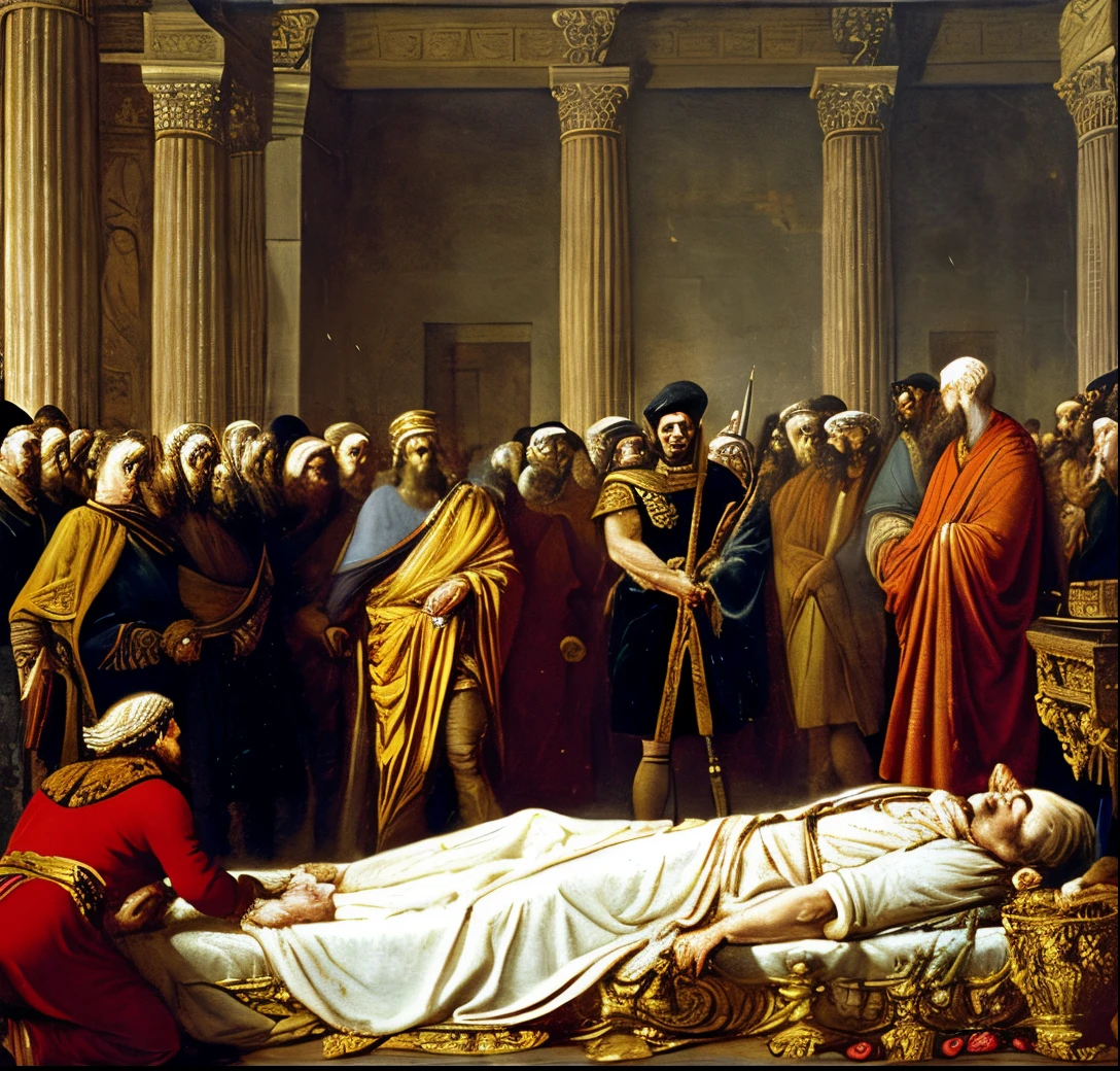 A painting of a man laying on a bed in a room with people - SeaArt AI