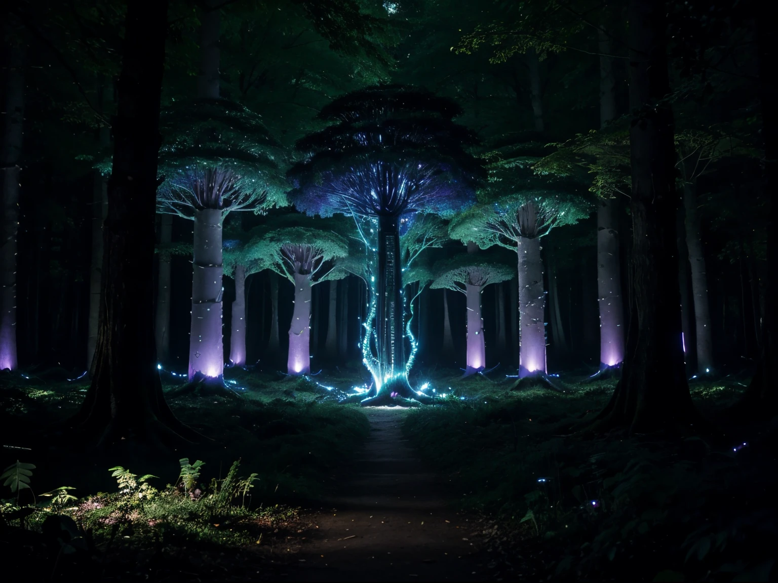 A dark forest with a path and a tree with glowing lights - SeaArt AI