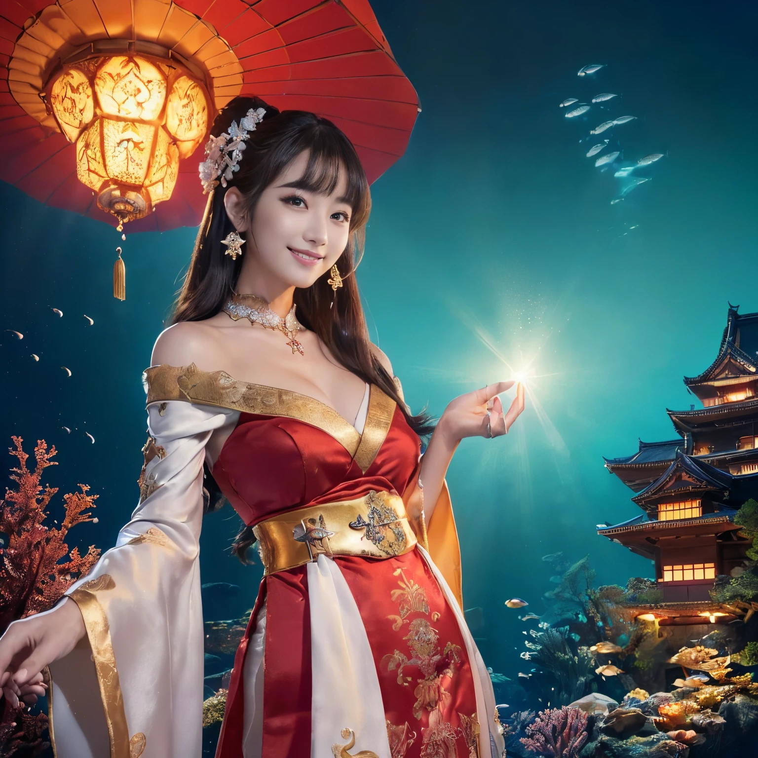 最高品質、テーブルトップ、8k、最高の画質、非常に複雑で詳細な描写、超細かい、写真1枚、プリンセスが主人公です、城は背景にあります