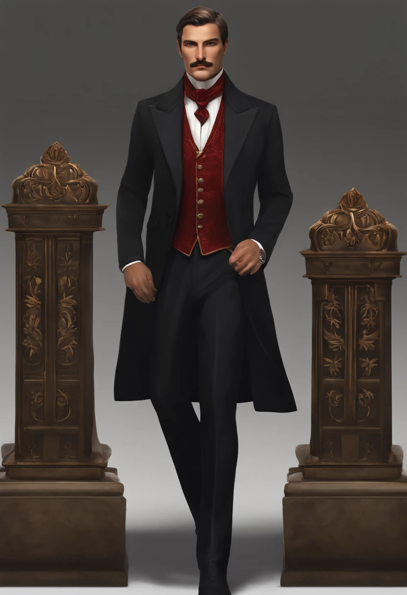 A close up of a man in a suit and tie standing next to two pillars ...