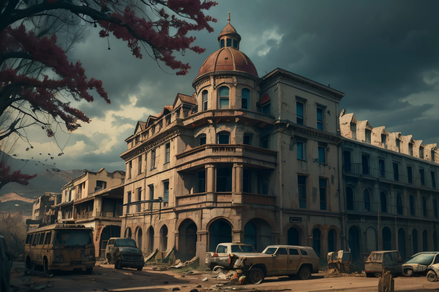 Arafed building with a clock tower and a lot of cars parked in front of it - SeaArt AI