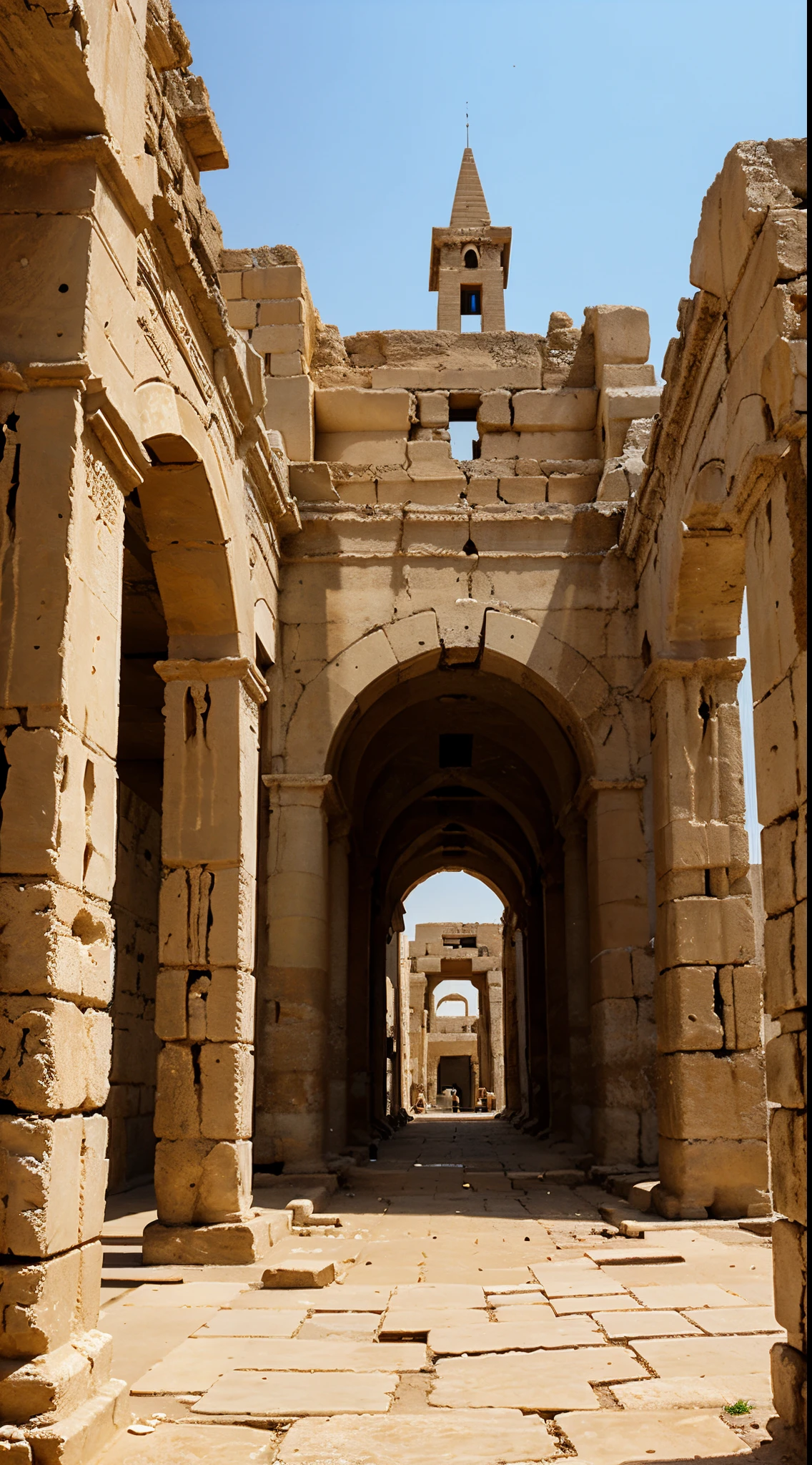 Arafed archways in a stone building with a clock tower - SeaArt AI