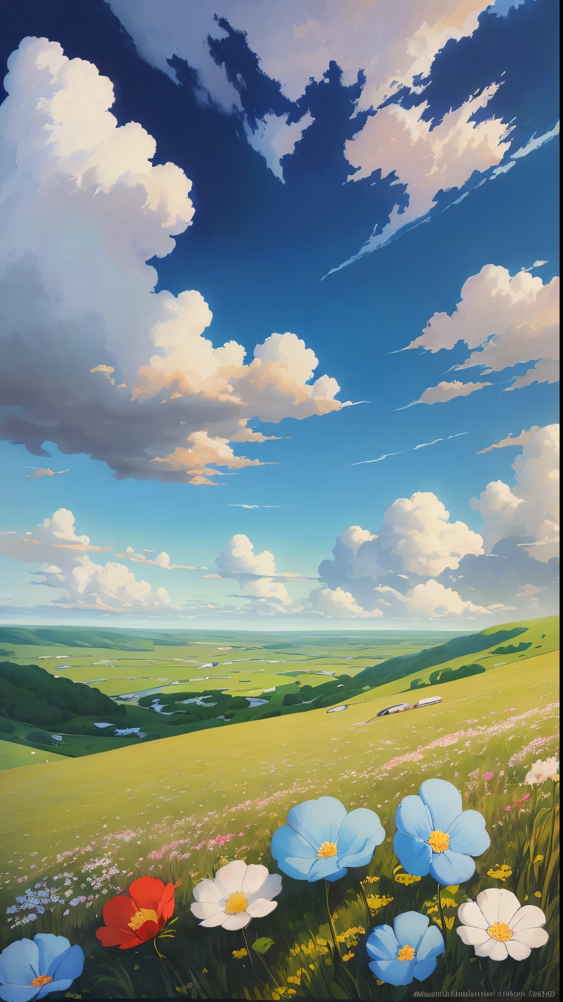 Painting of a field with flowers and clouds in the sky - SeaArt AI