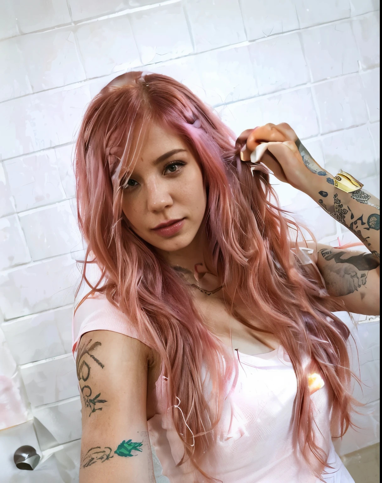 Arafed woman with pink hair and tattoos brushing her hair - SeaArt AI