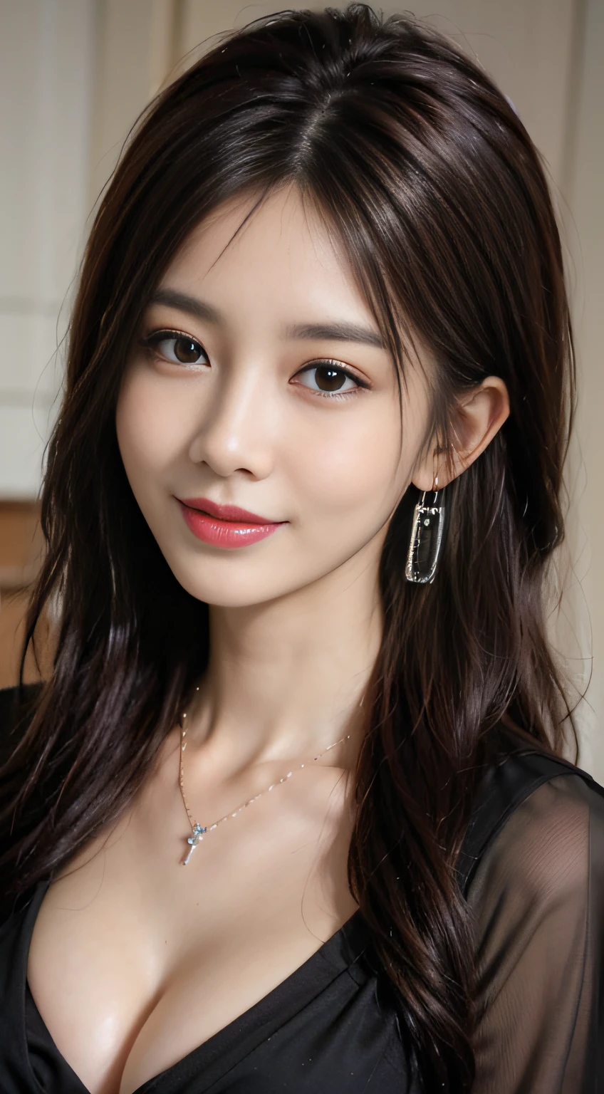 A close up of a woman wearing a black dress and earrings - SeaArt AI