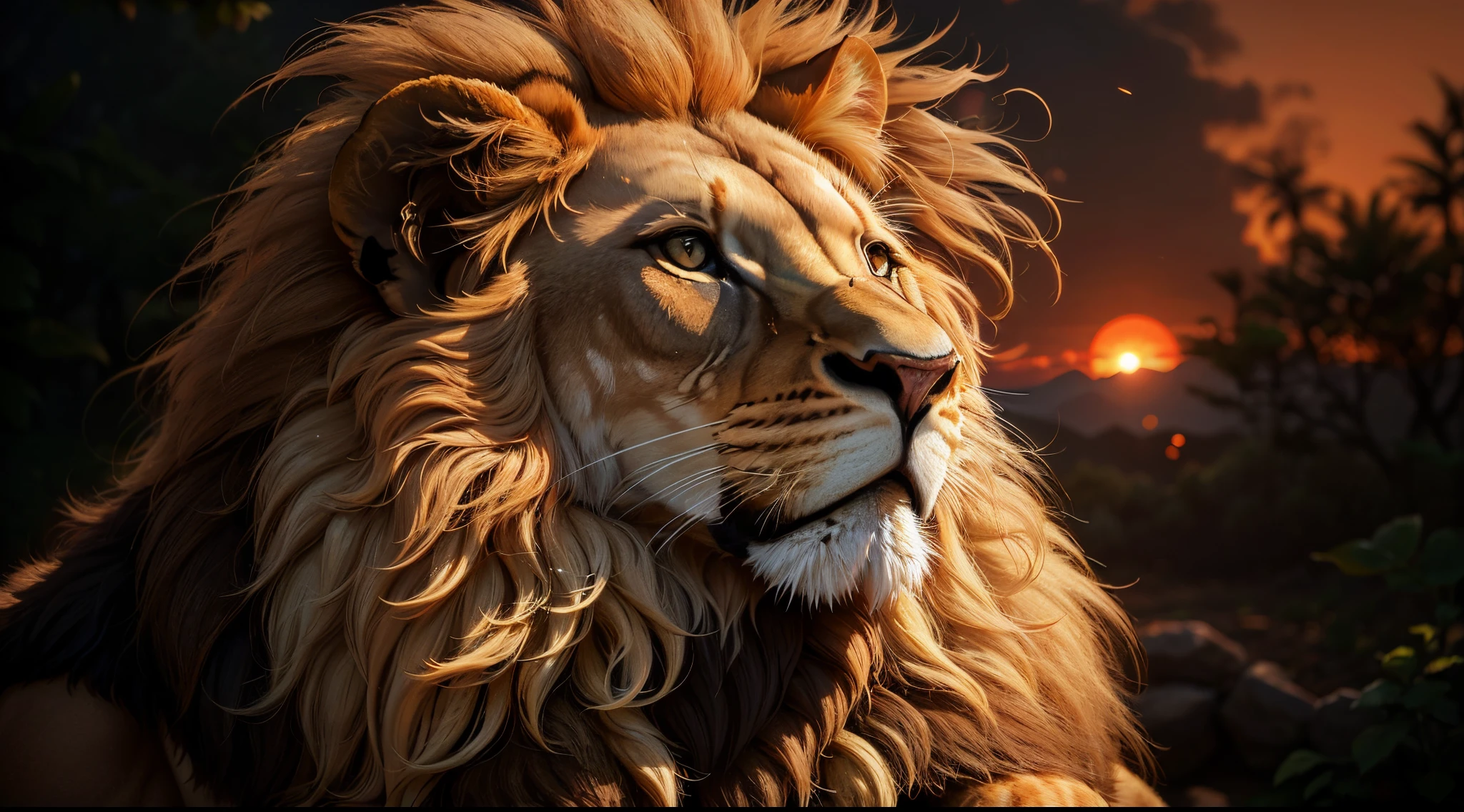 A close up of a lion with a sunset in the background - SeaArt AI