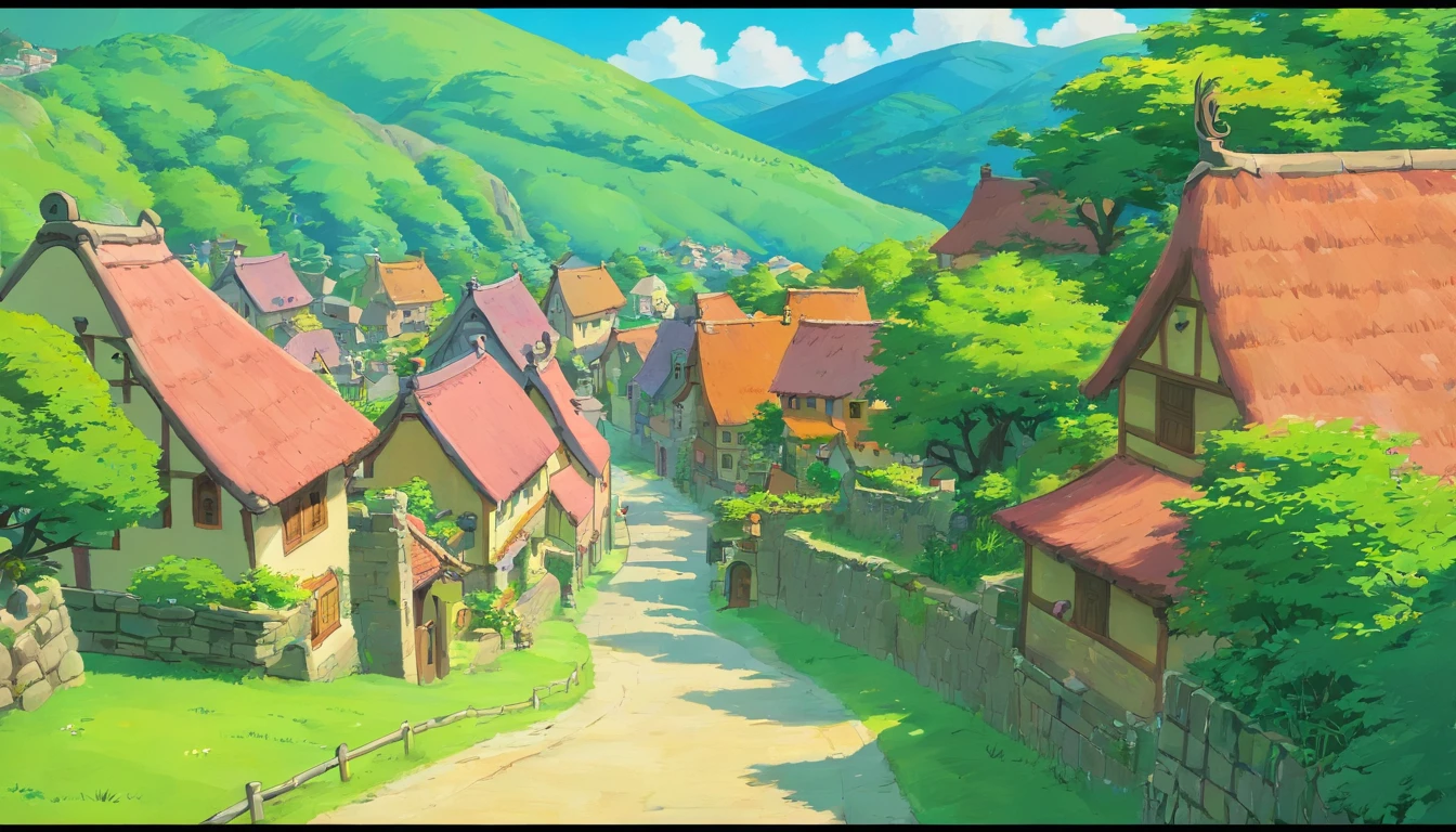 A close up of a small village with a road and a mountain in the ...