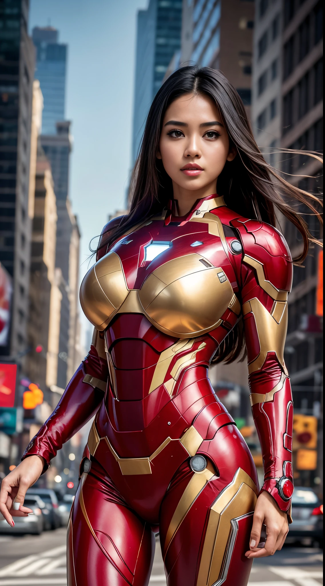 A woman in a red and gold suit is posing for a picture - SeaArt AI