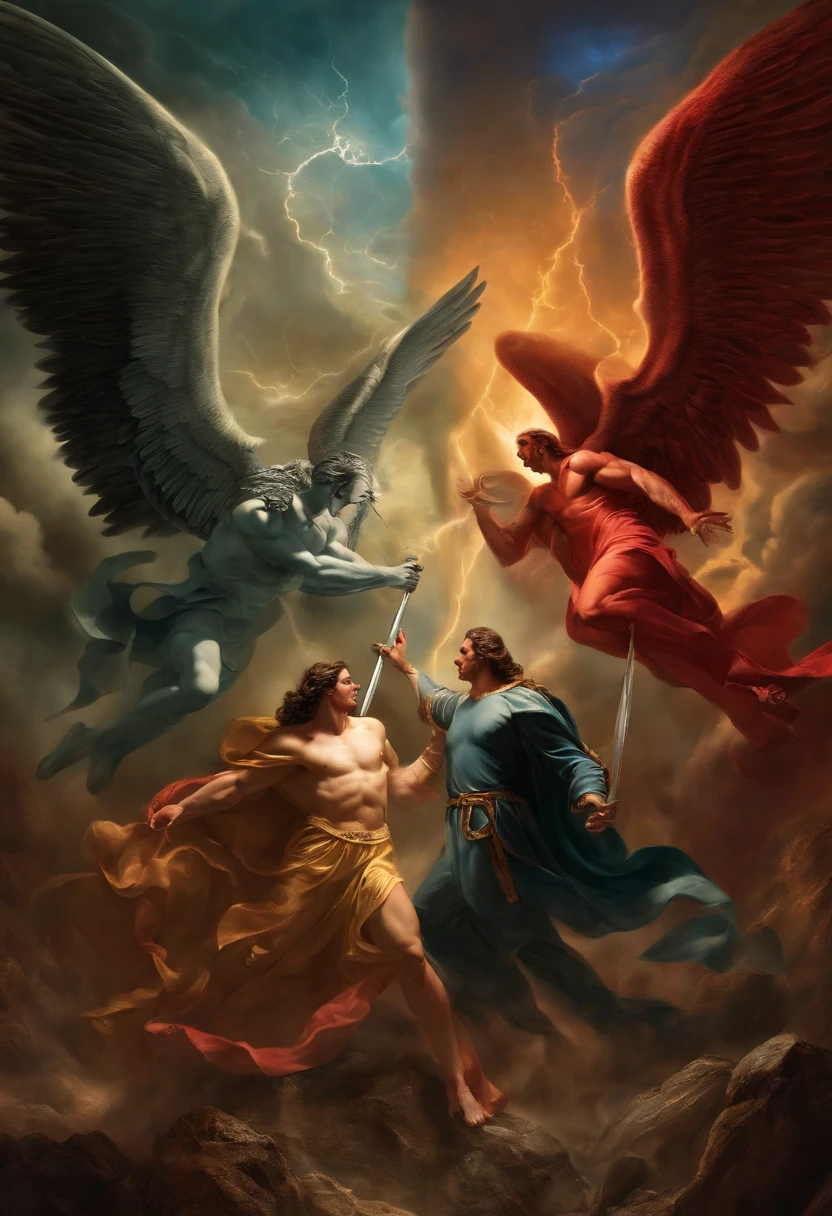 A painting of two angels fighting over a demon - SeaArt AI