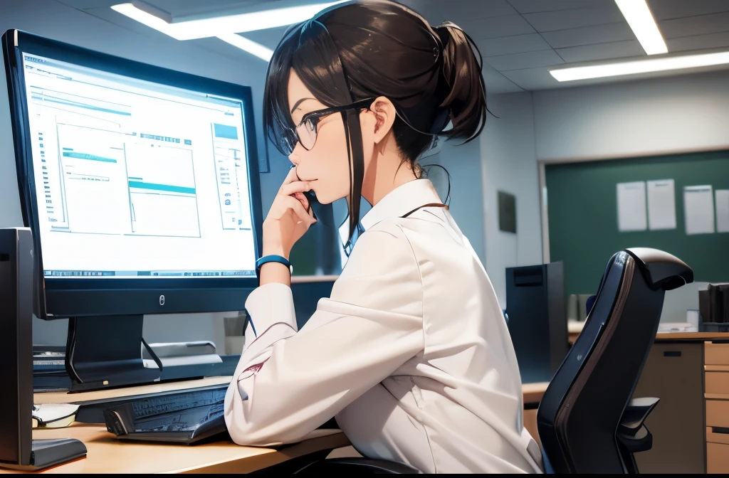 Anime girl sitting at a desk with a computer and a keyboard - SeaArt AI