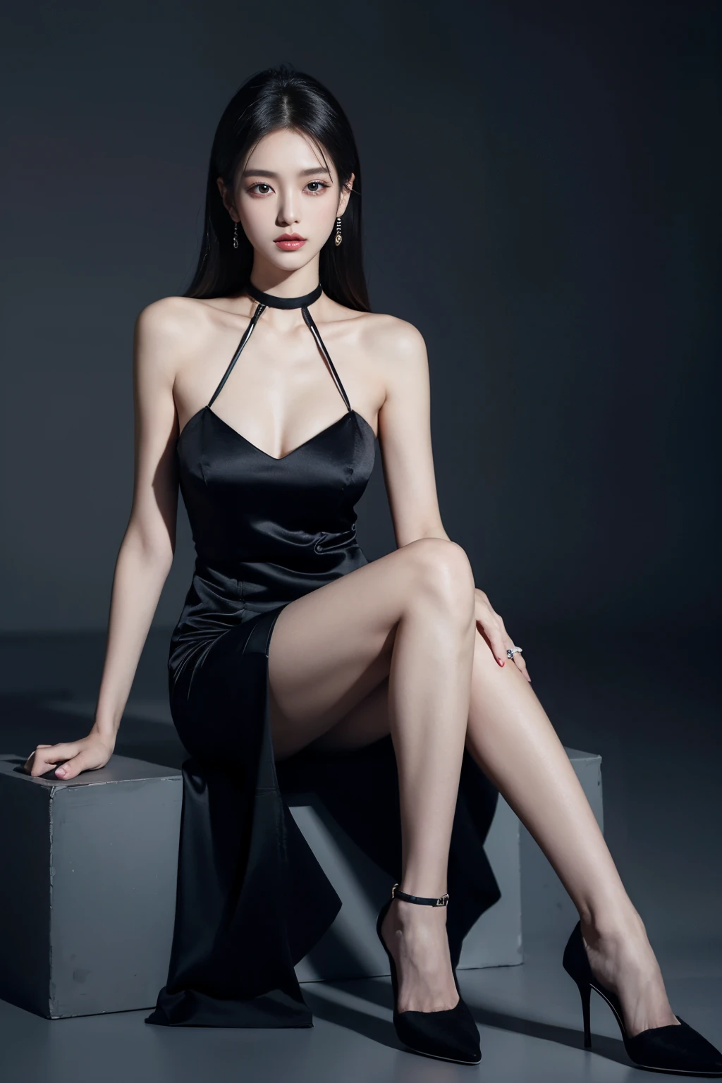 A woman in a black dress sitting on a block - SeaArt AI