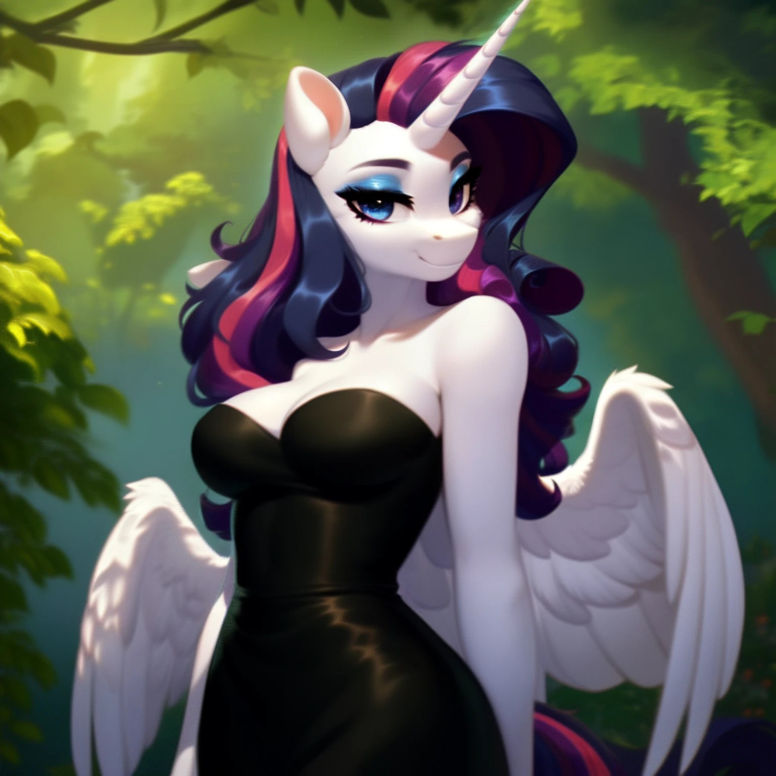 A close up of a woman in a black dress with a unicorn on her head - SeaArt AI