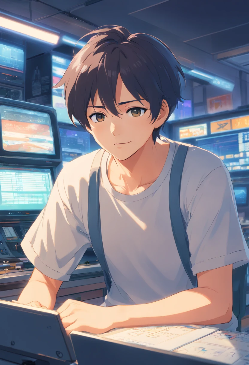 Anime boy sitting at a desk with a laptop in front of him - SeaArt AI