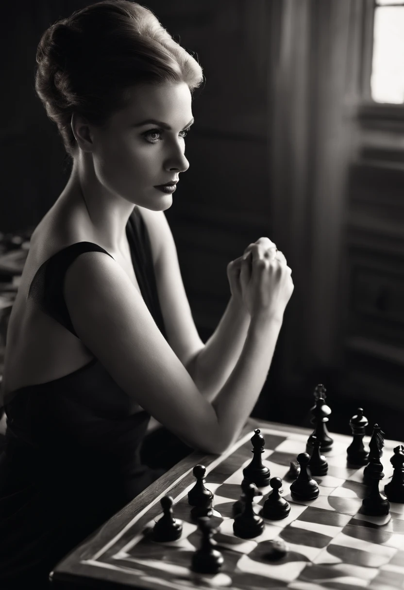 A woman in a black dress playing chess with a black and white photo - SeaArt AI