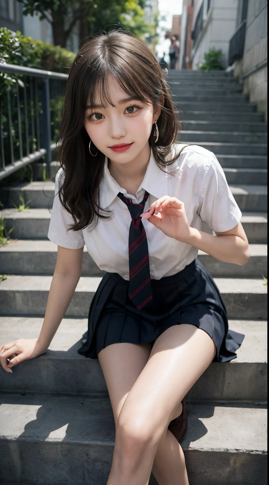 계단에 앉아 있는 교복을 입은 아라페드 아시아 여성 - SeaArt AI
