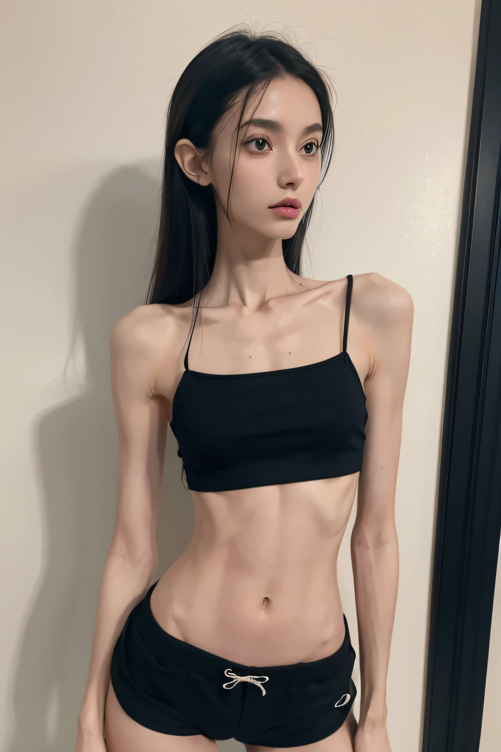 A woman in a black bikini top and black shorts posing for a picture - SeaArt AI