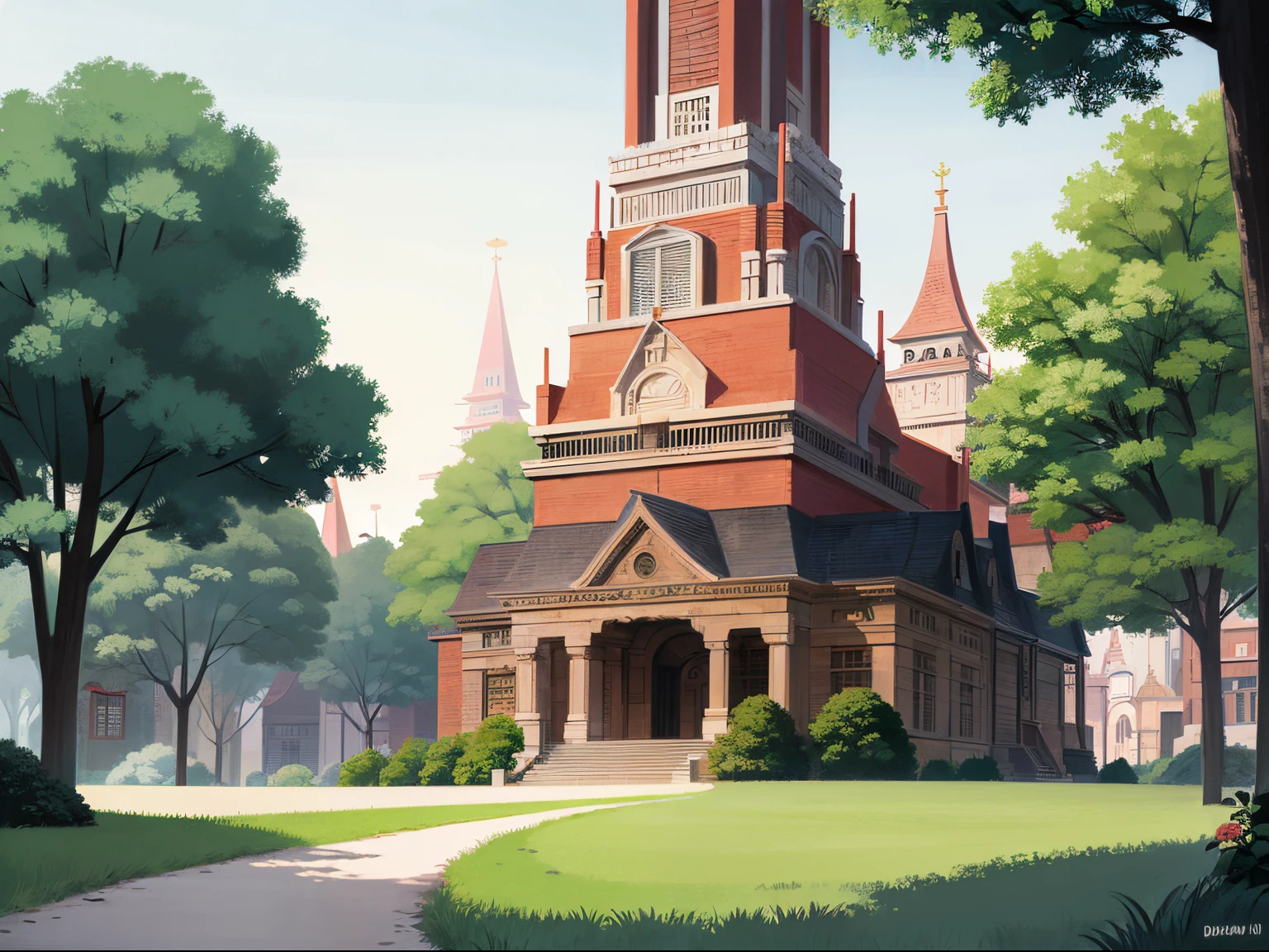There is a painting of a church with a clock tower - SeaArt AI