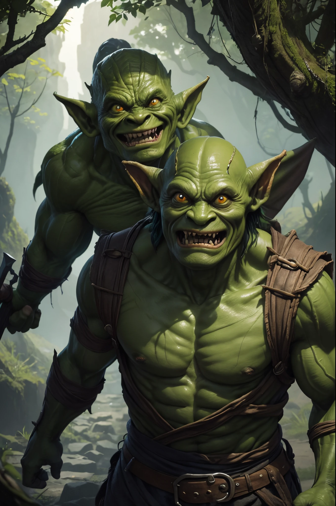 A couple of green goblins are standing in the woods - SeaArt AI