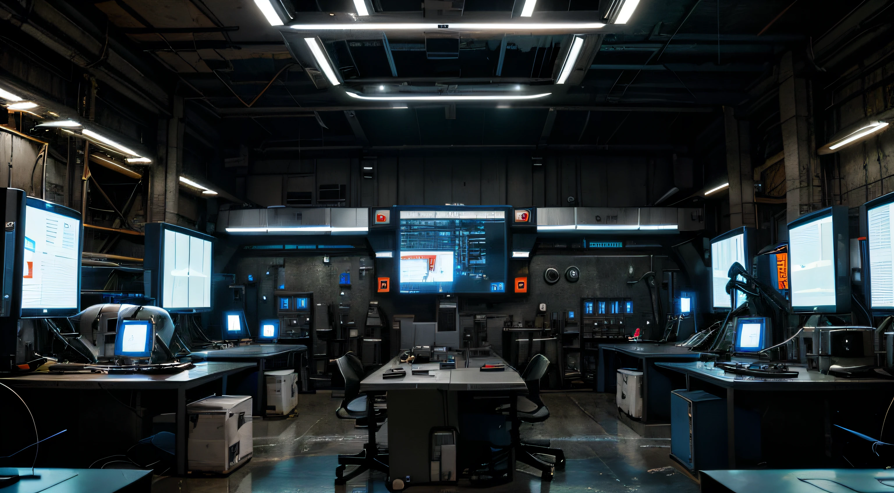 Arafed room with multiple monitors and desks with computers - SeaArt AI