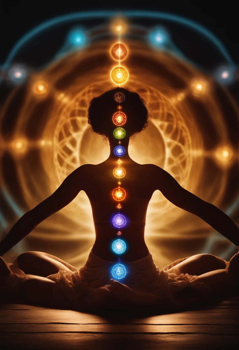 A woman sitting in a lotus position with seven chakras on her back - SeaArt AI